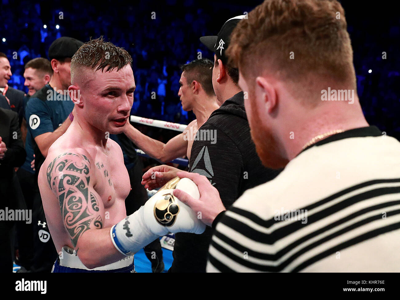 Carl Frampton is congratulated by boxer Canelo Alvarez after beating ...