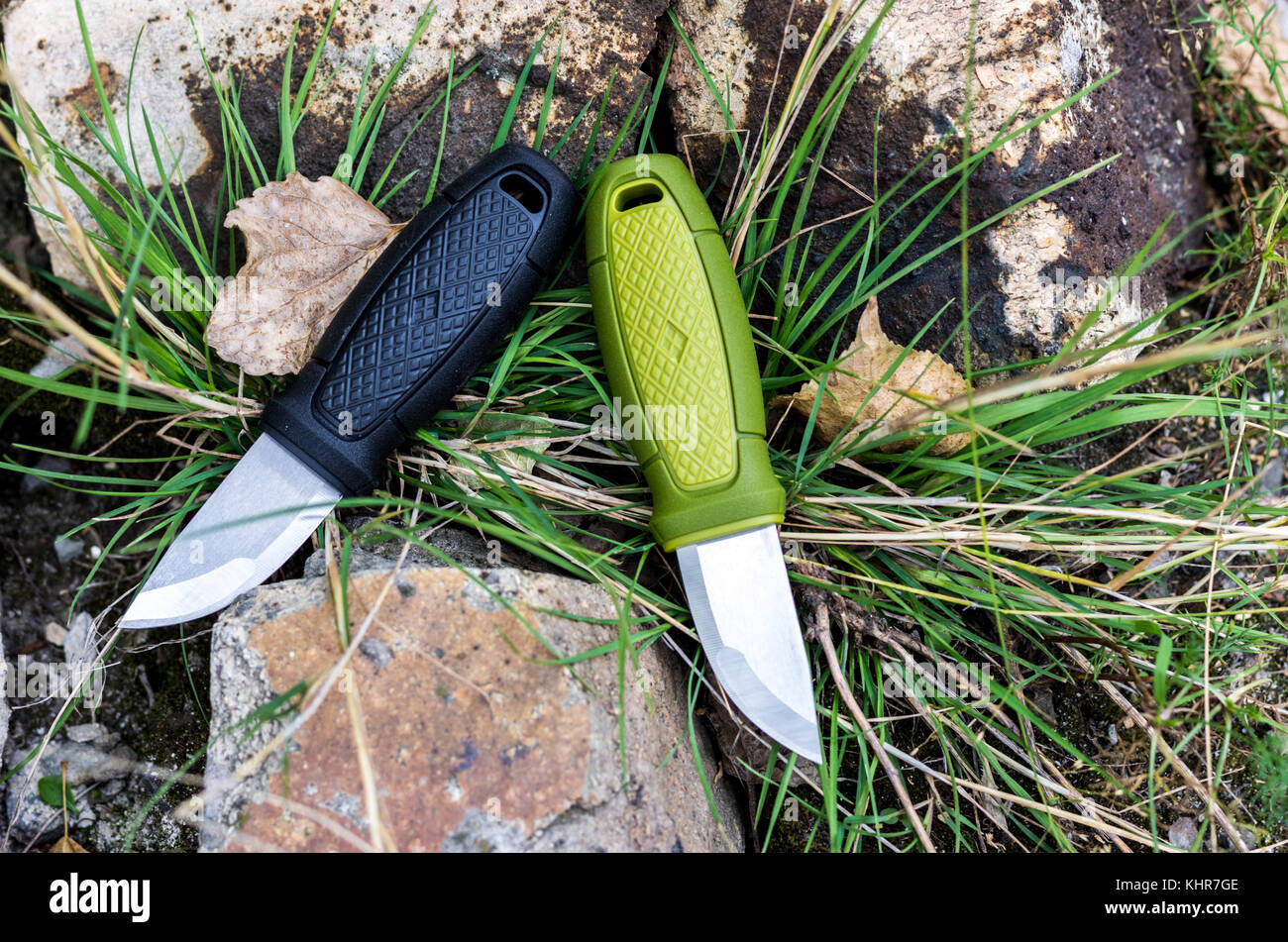 Two sharp knives. Knives with a fixed blade Stock Photo - Alamy