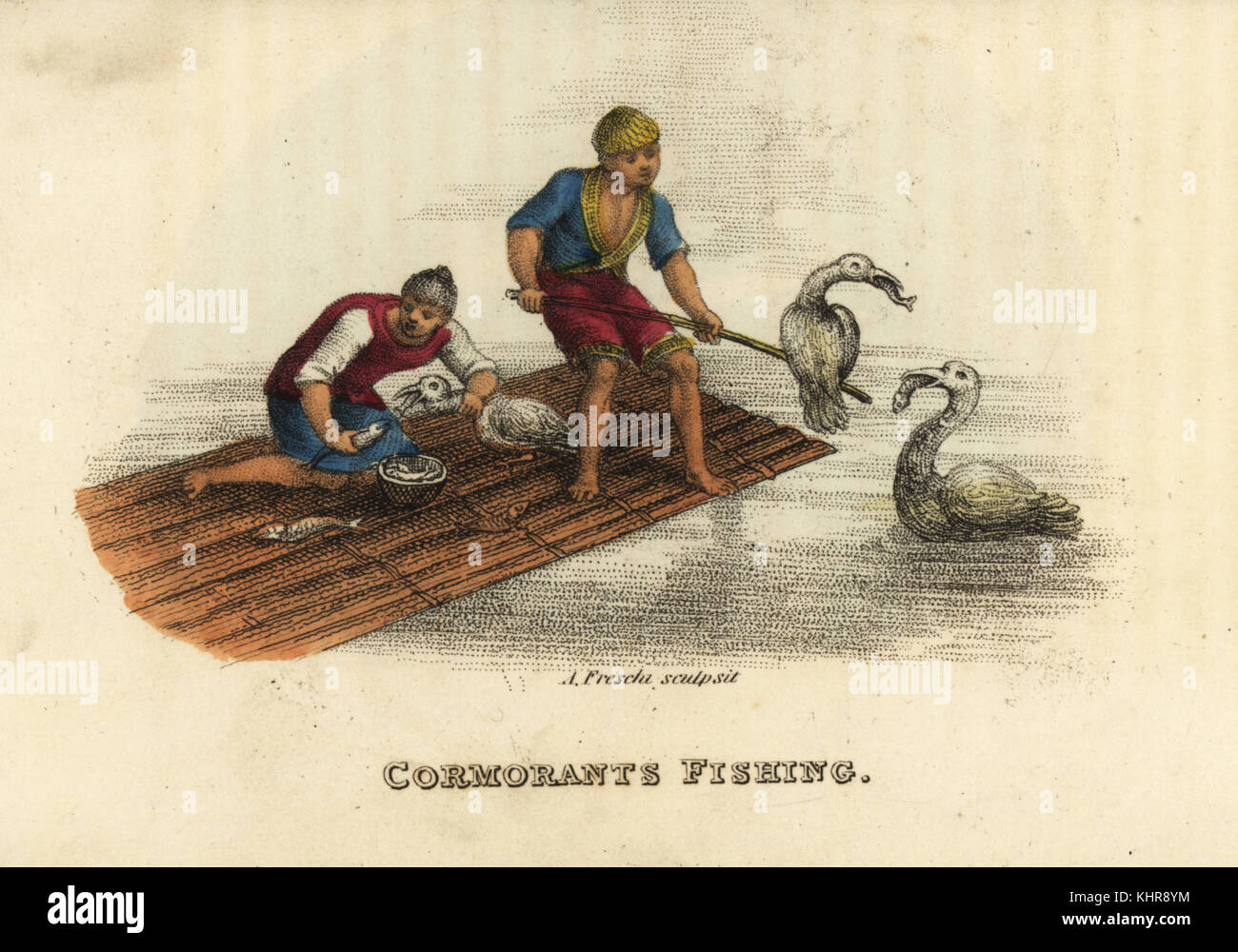 Chinese men cormorant fishing on a raft in the river, Qing Dynasty ...