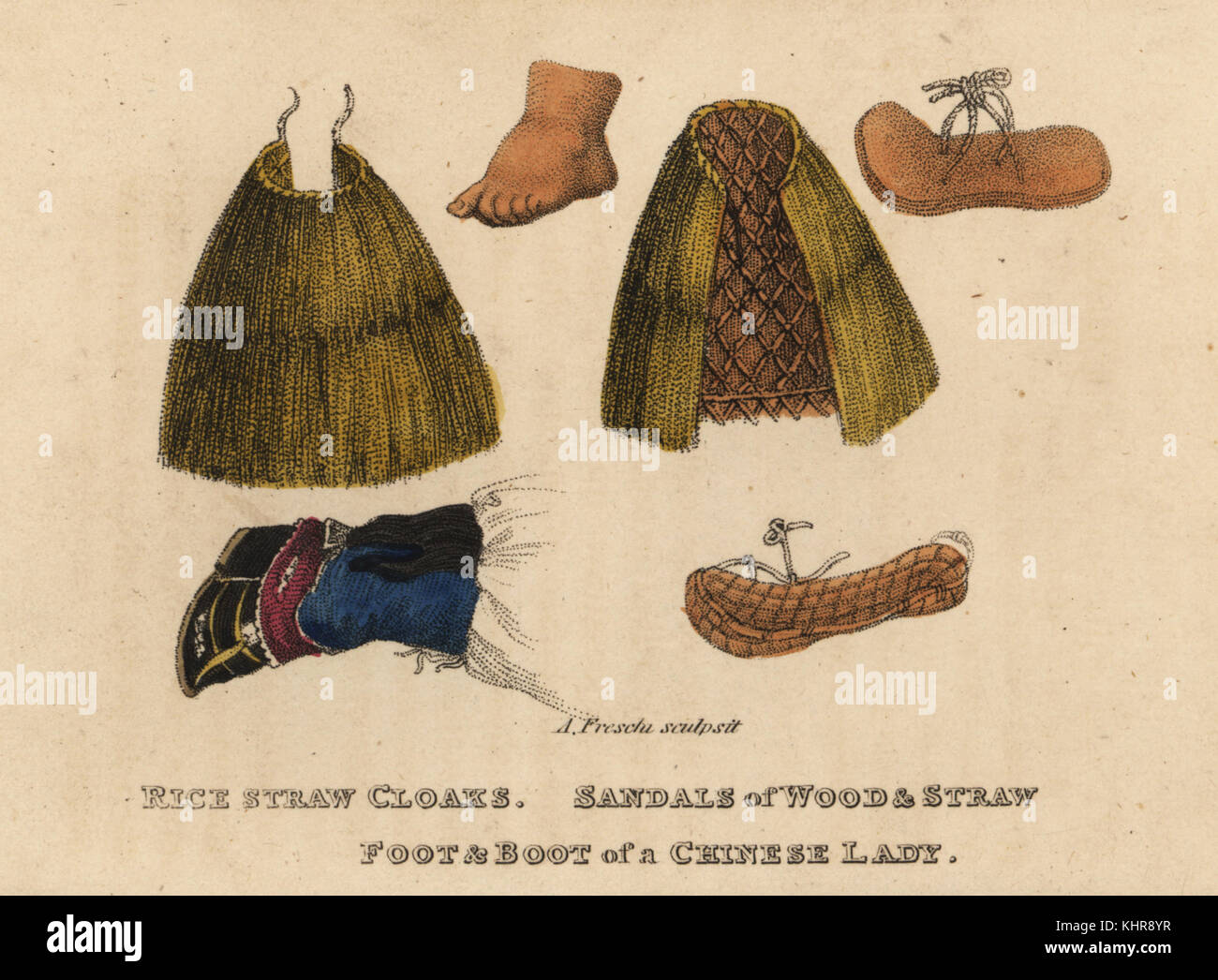 Rice-straw cloak, wood and straw sandals, Chinese woman's bound foot ...