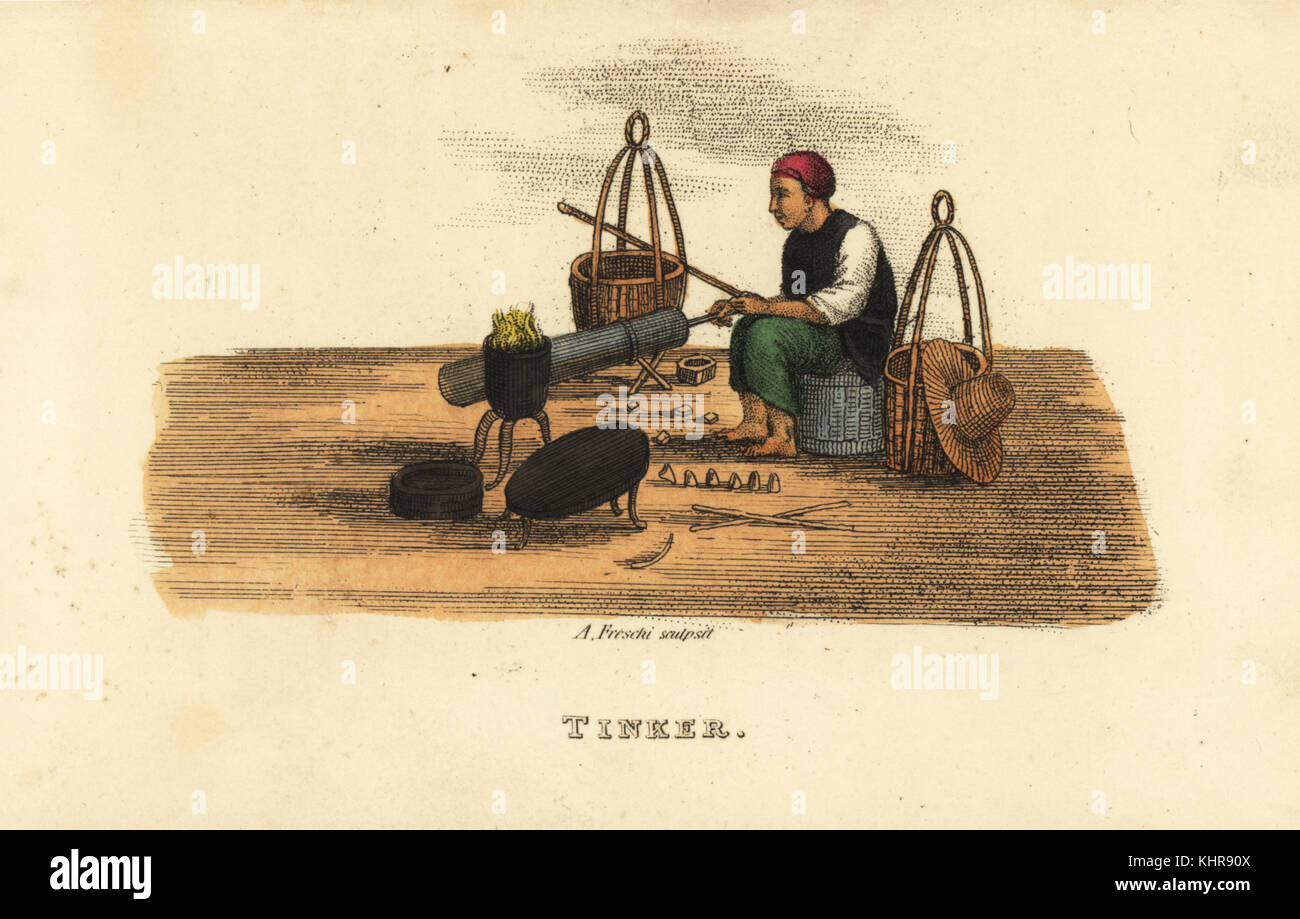 Chinese tinker with portable forge, bellows and tools, Qing Dynasty ...