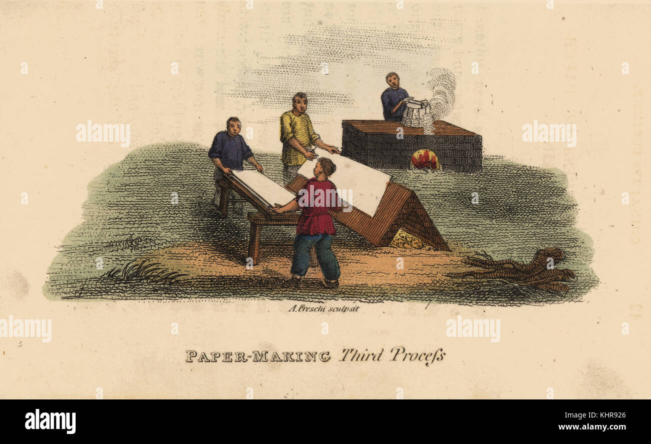 Chinese paper-making, third process: worker boiling bamboo pulp while ...