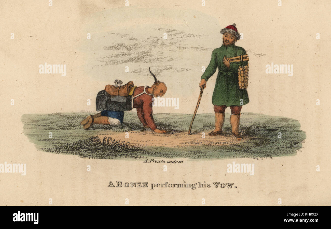 Bonze or Buddhist monk performing a vow to crawl on all fours with a ...