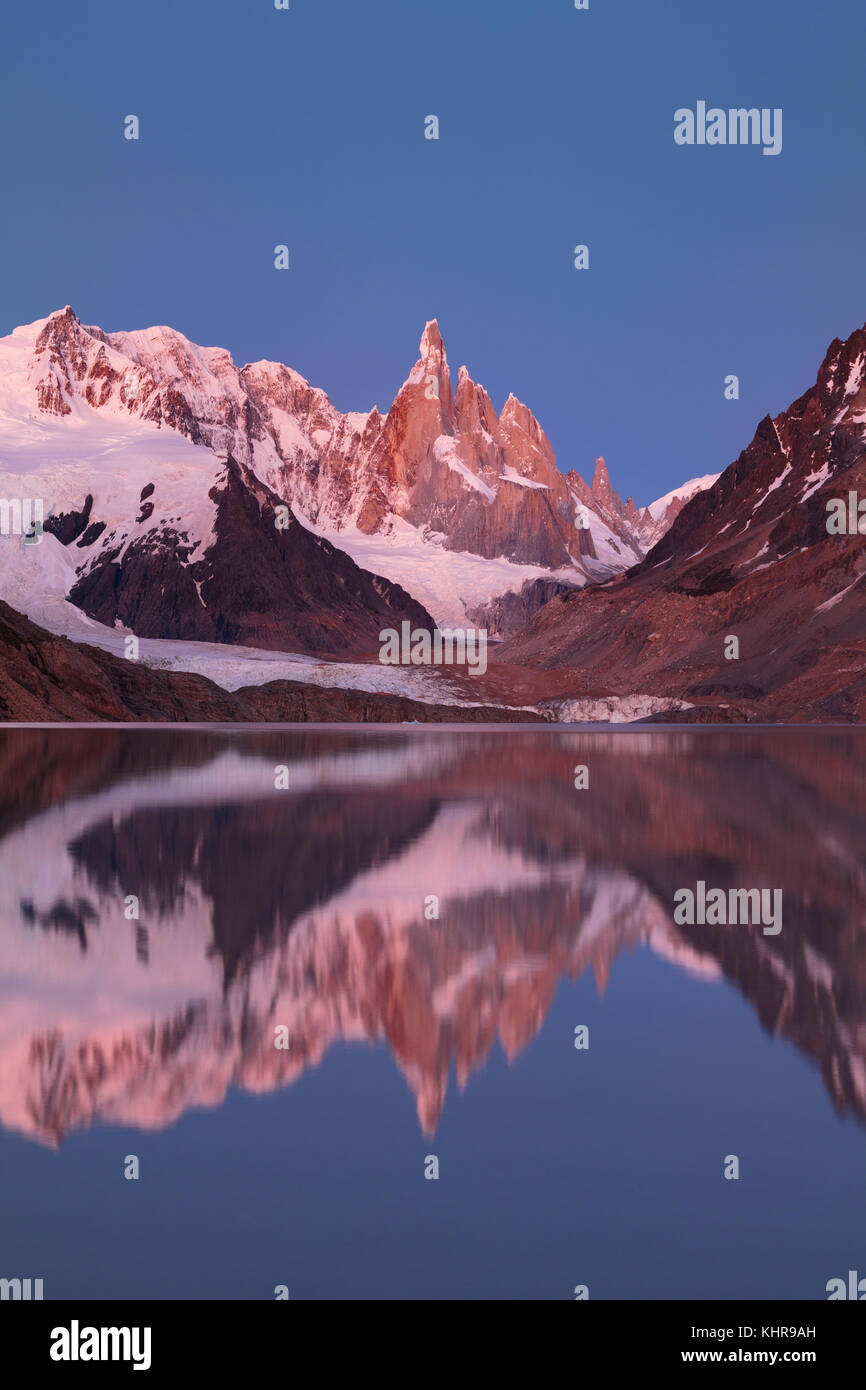 Cerro Torre shortly before sunrise with Laguna Torre and Grande Glacier ...
