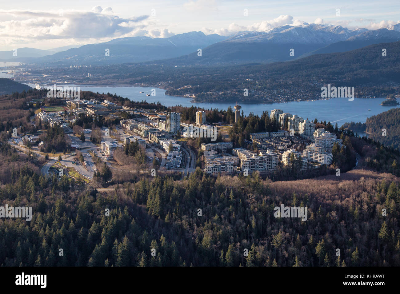 Aerial view of Simon Fraser University (SFU) on Burnaby Mountain ...