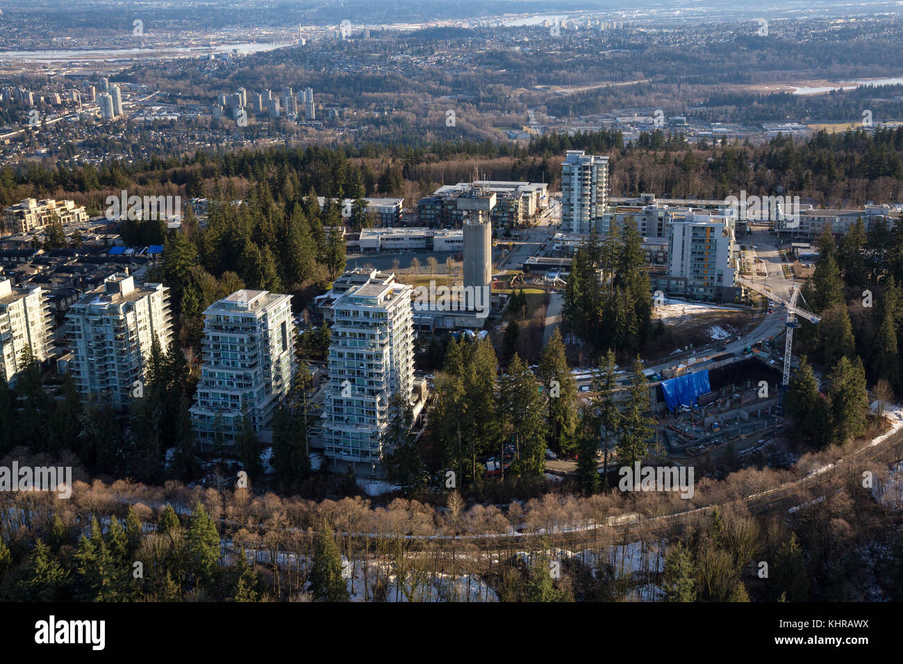Aerial view of Simon Fraser University (SFU) on Burnaby Mountain ...