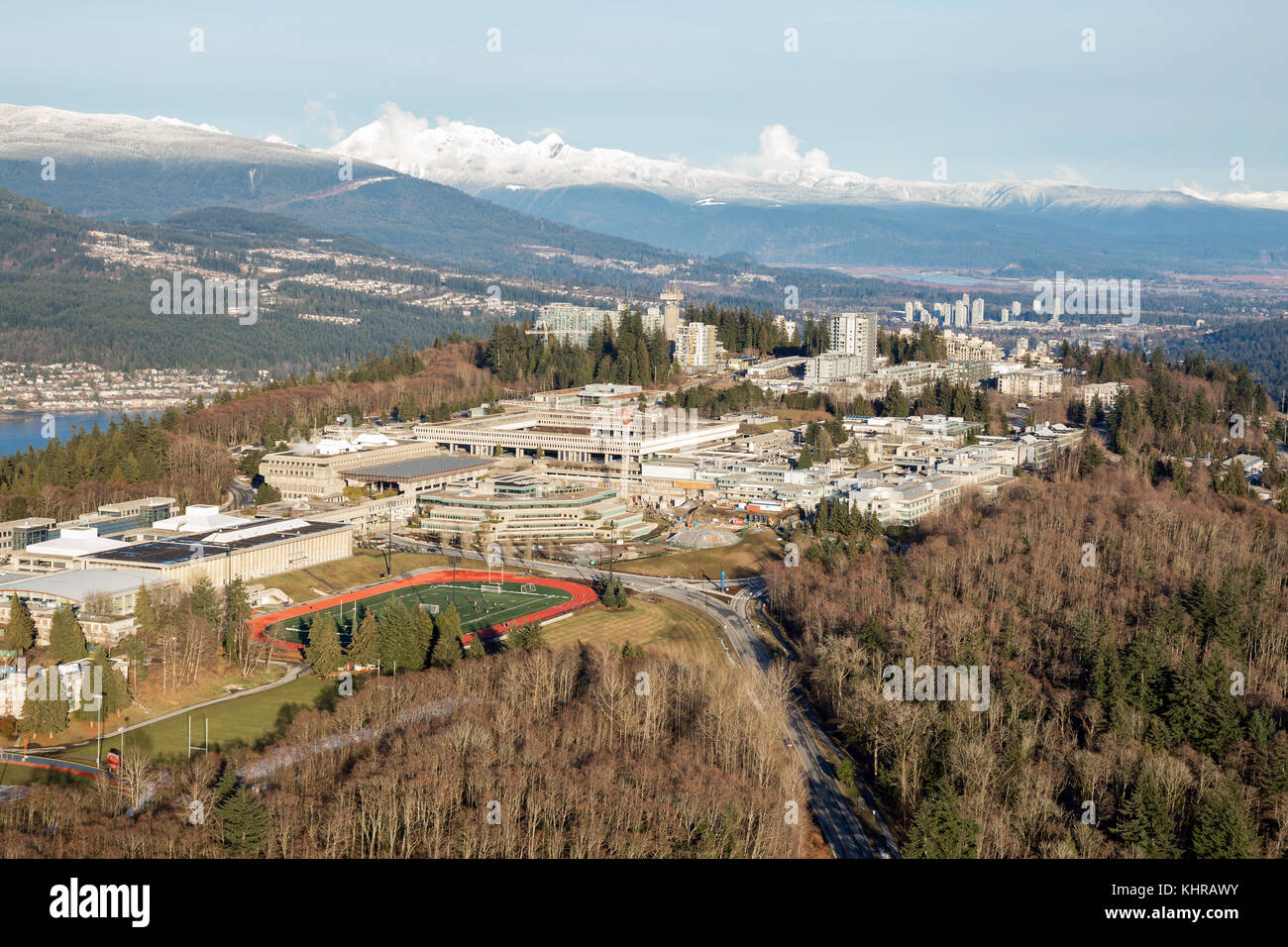 Aerial view of Simon Fraser University (SFU) on Burnaby Mountain ...