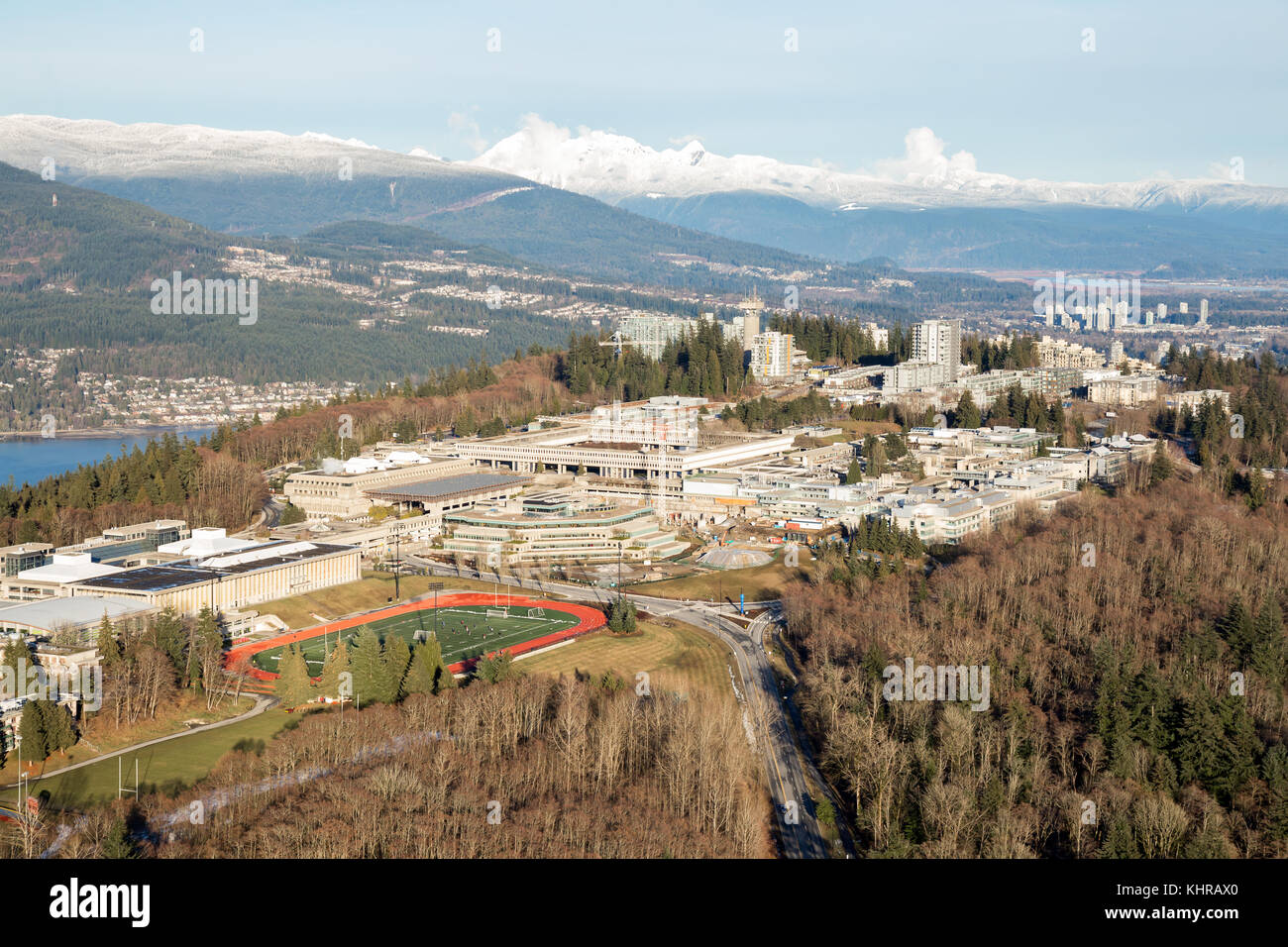 Aerial view of Simon Fraser University (SFU) on Burnaby Mountain ...