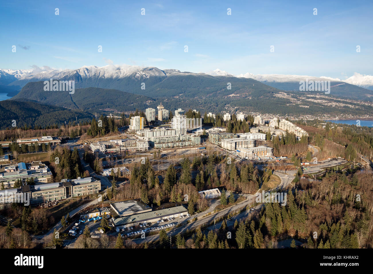 Aerial view of Simon Fraser University (SFU) on Burnaby Mountain ...