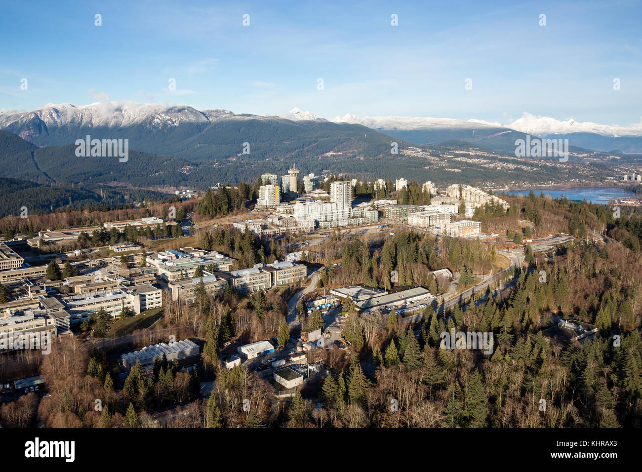 Aerial view of Simon Fraser University (SFU) on Burnaby Mountain ...
