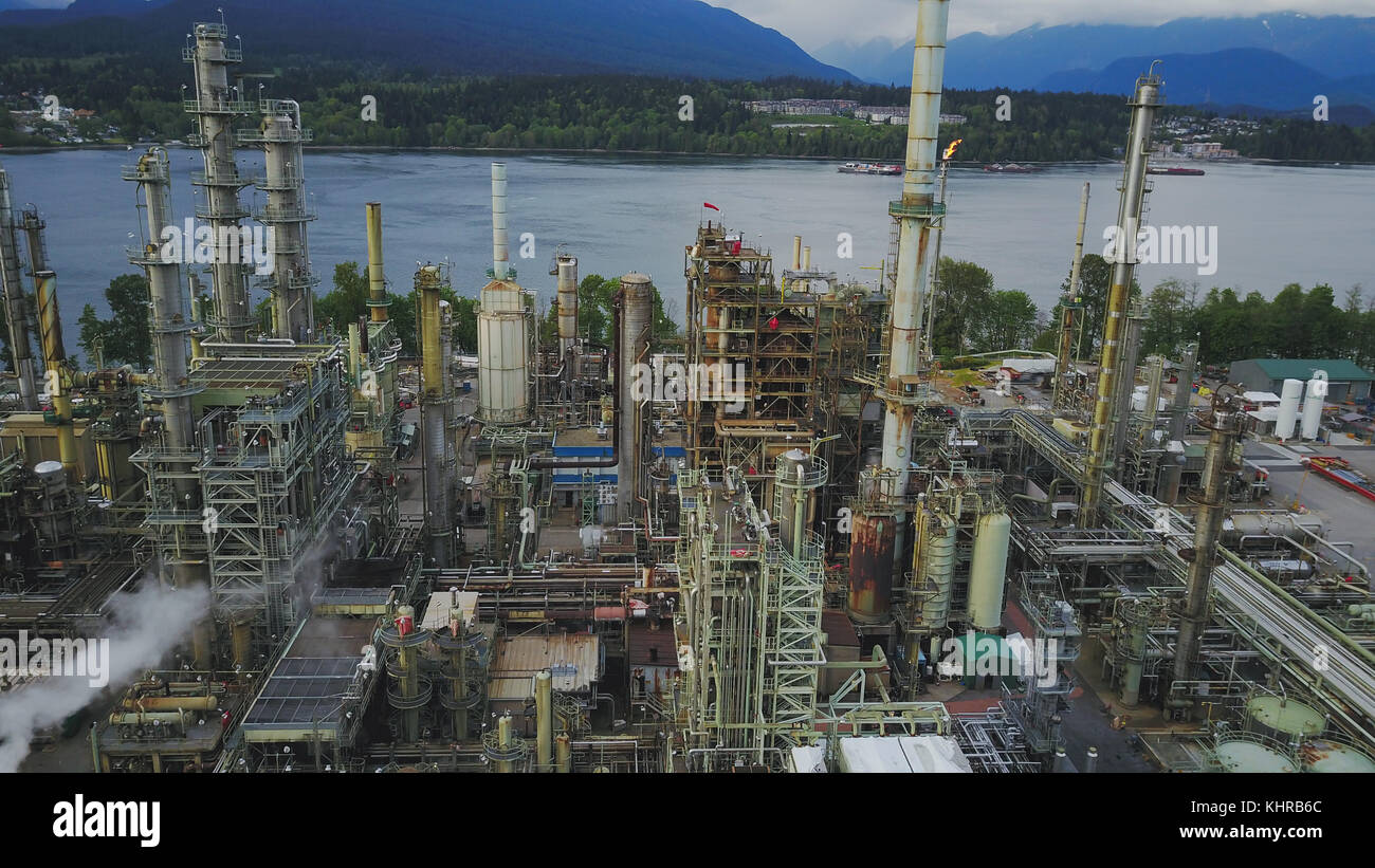 Aerial view on the Oil Refinery in Vancouver, British Columbia, Canada ...