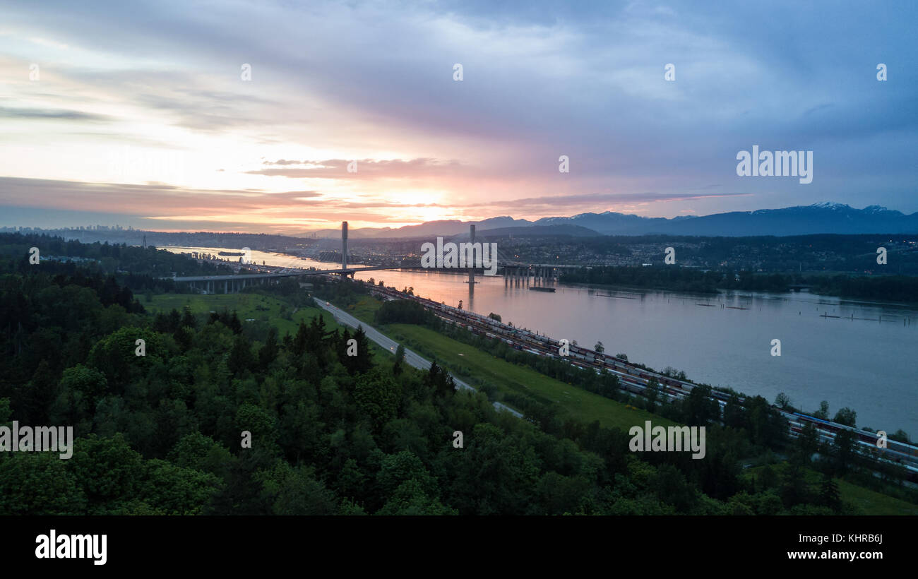 Aerial view of Fraser River and Port Mann Bridge from Surrey, Greater ...