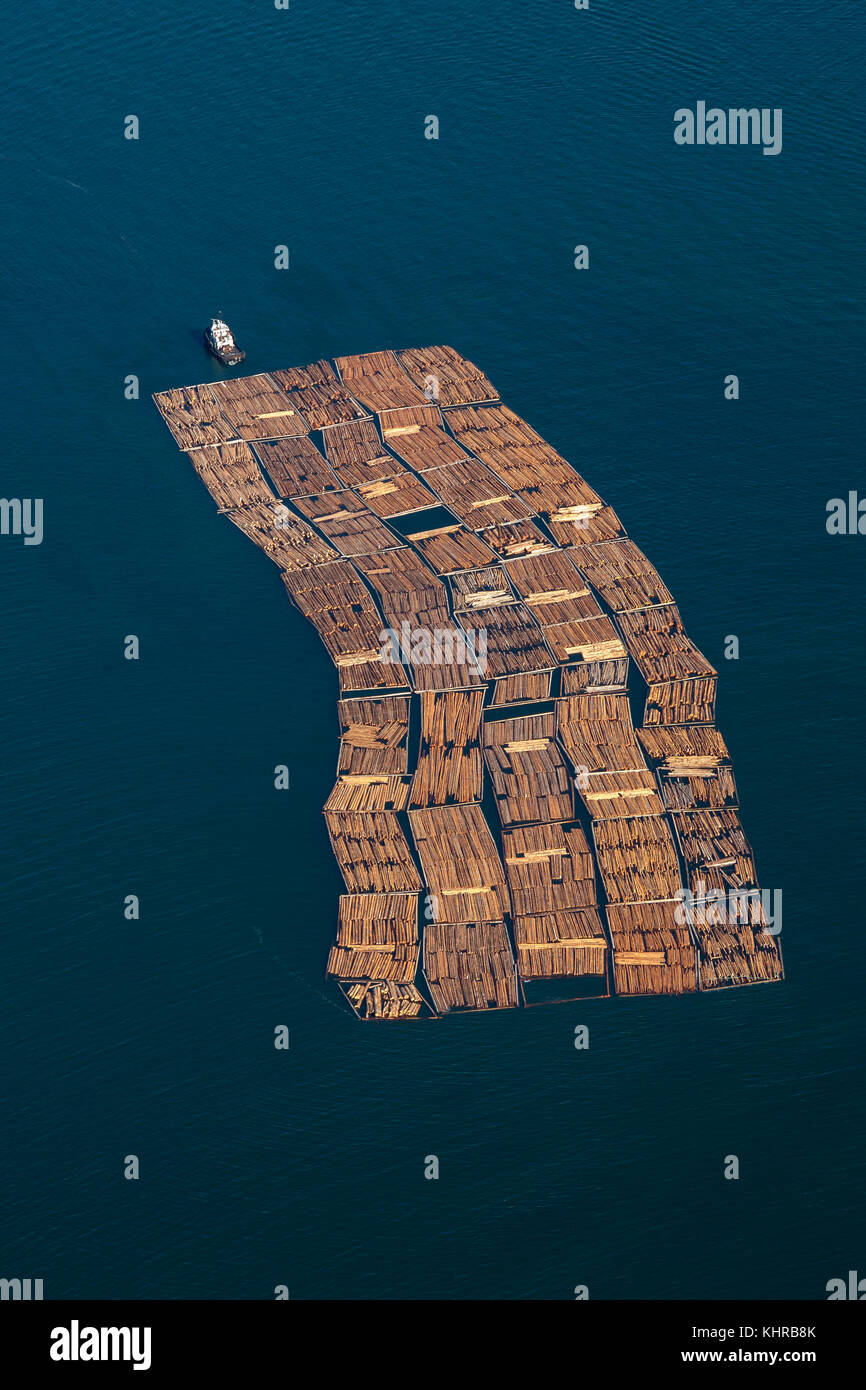 Tug boat pulling lumber wood in the ocean. Taken from aerial ...