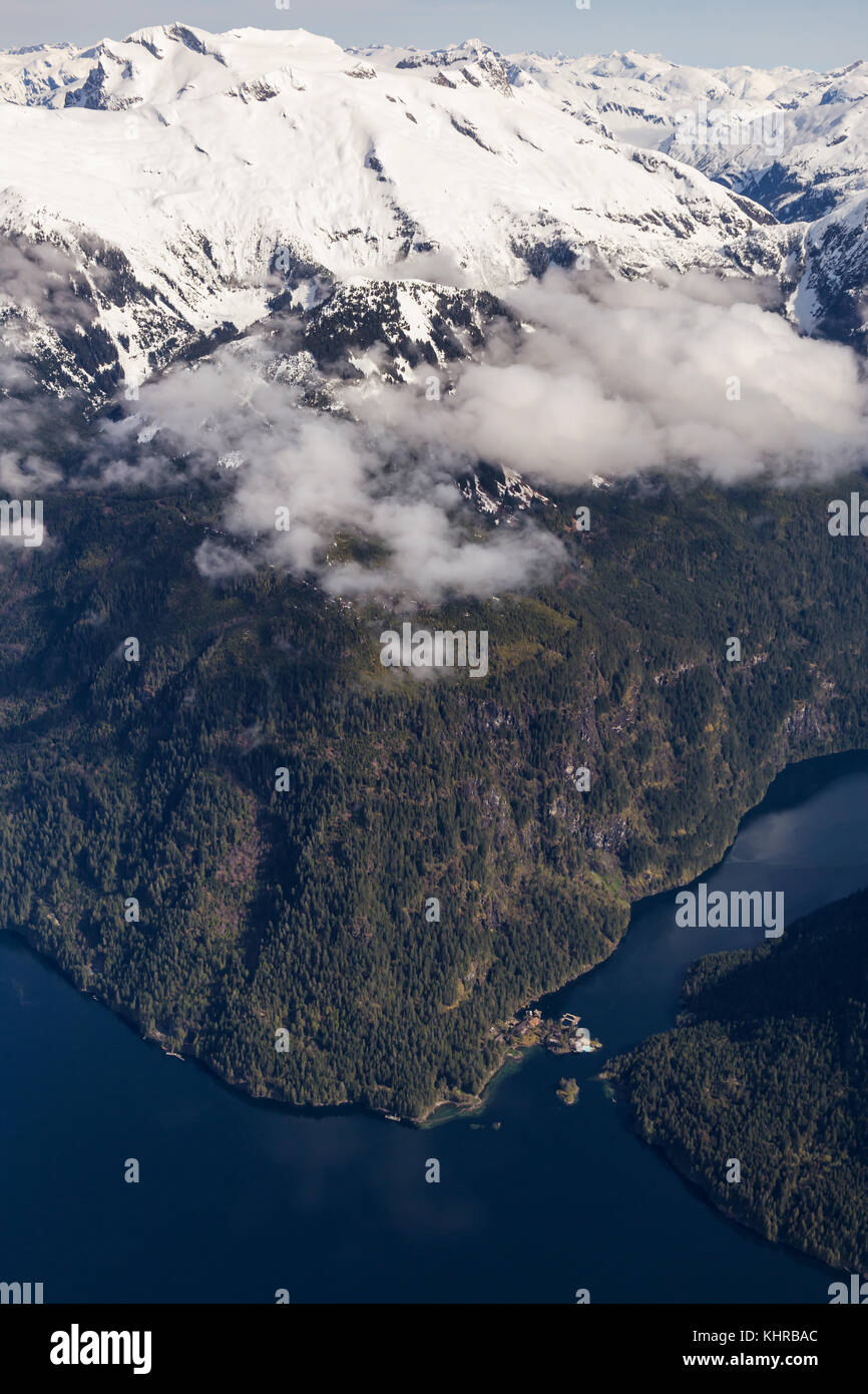 Aerial landscape view of the river joining the ocean at Jervis Inlet ...