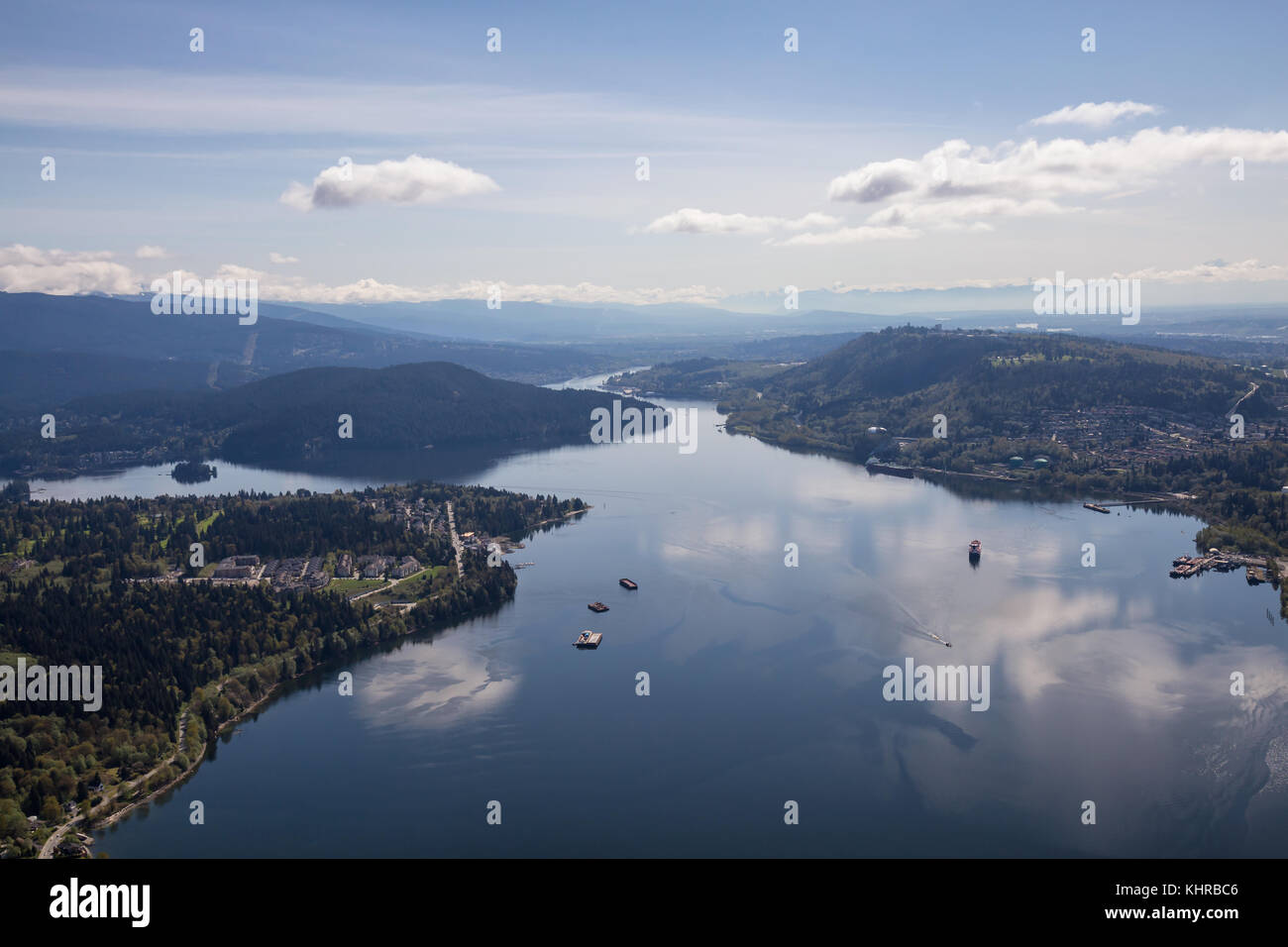 Aerial view of Deep Cove, Burnaby Mountain, and the Inlet in Vancouver ...