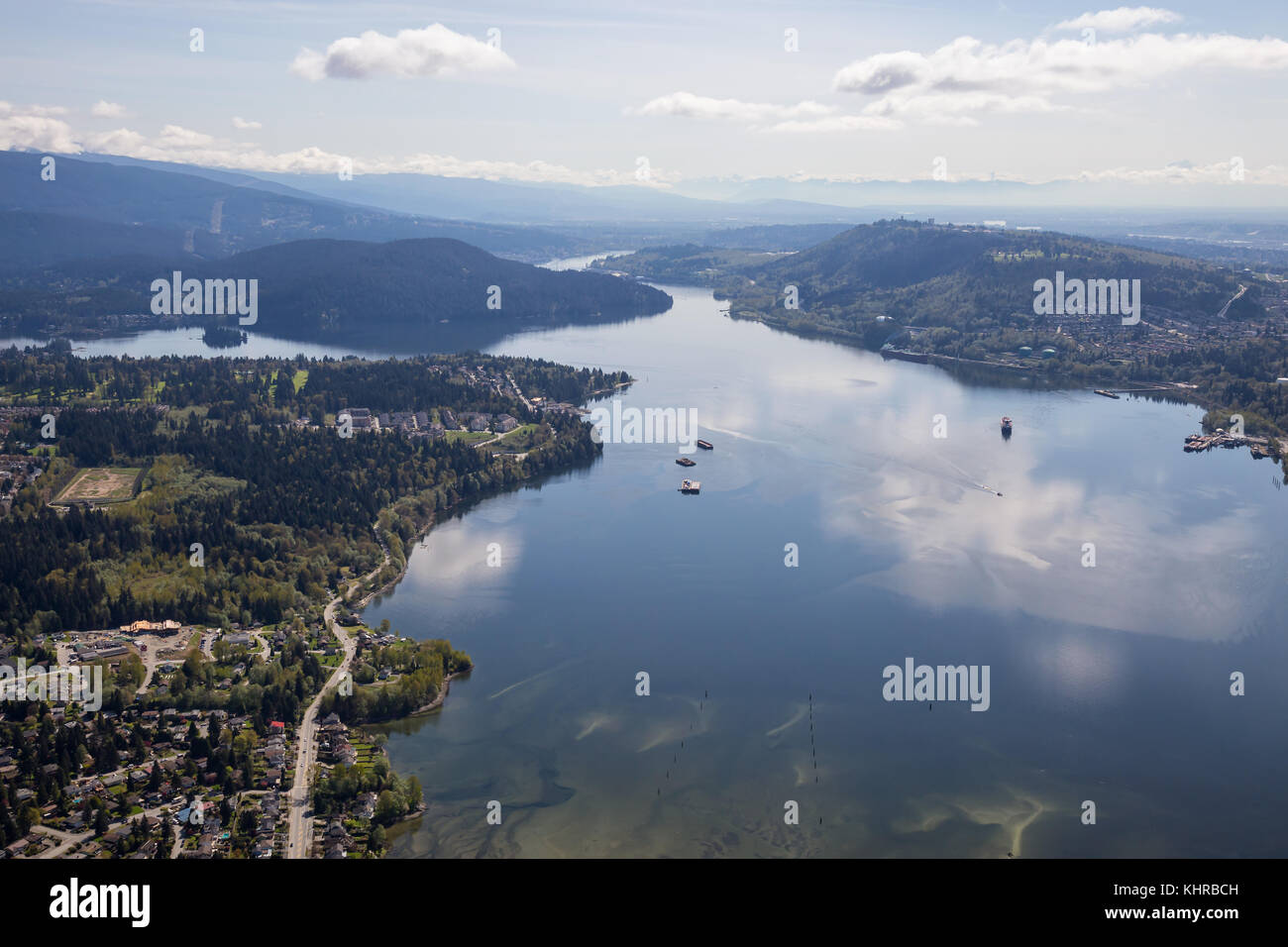 Aerial view of Deep Cove, Burnaby Mountain, and the Inlet in Vancouver ...
