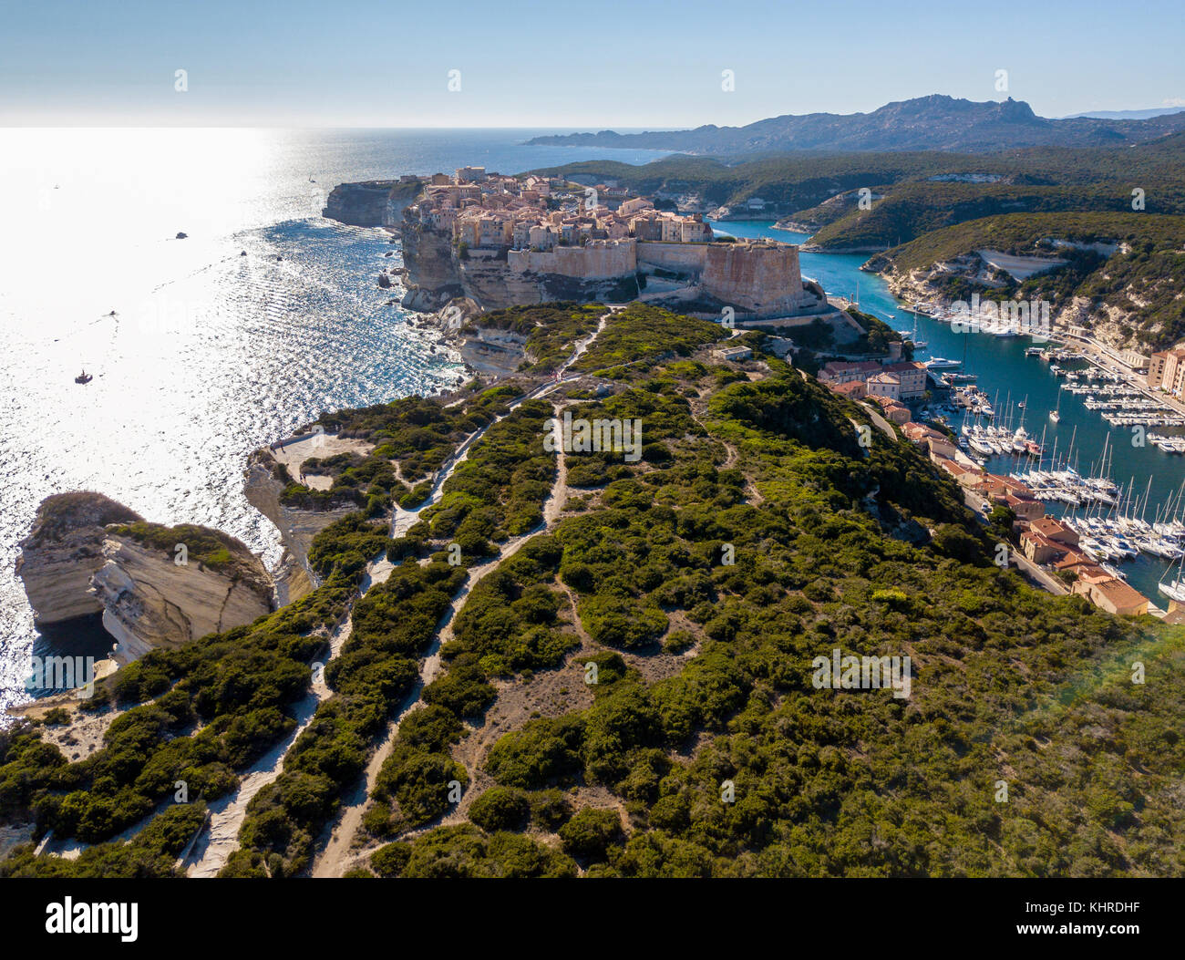 Aerial view of Bonifacio old town built on cliffs of white limestone ...