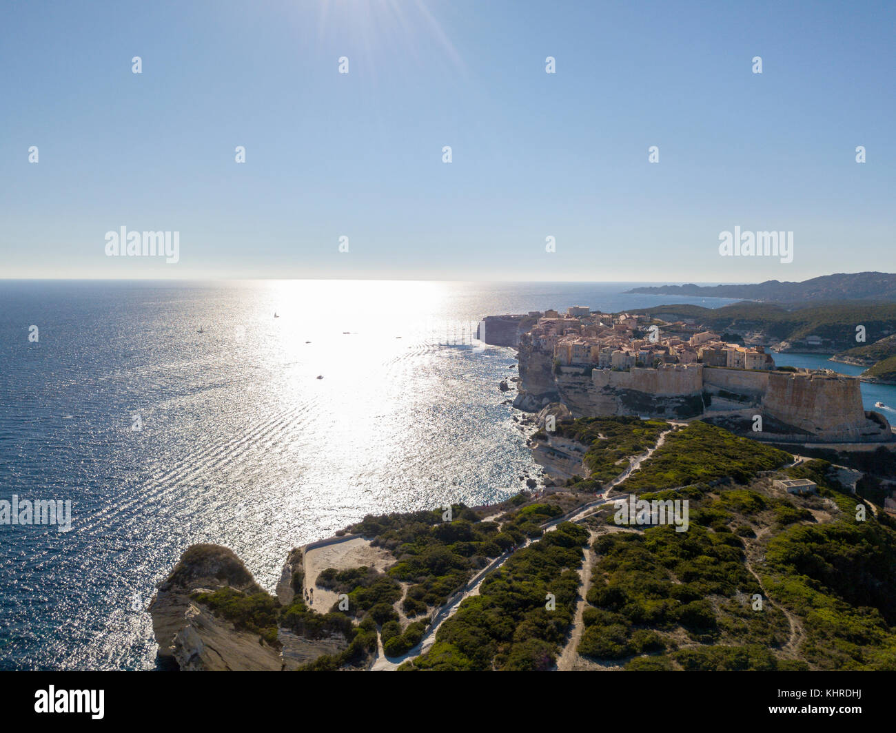 Aerial view of Bonifacio old town built on cliffs of white limestone ...