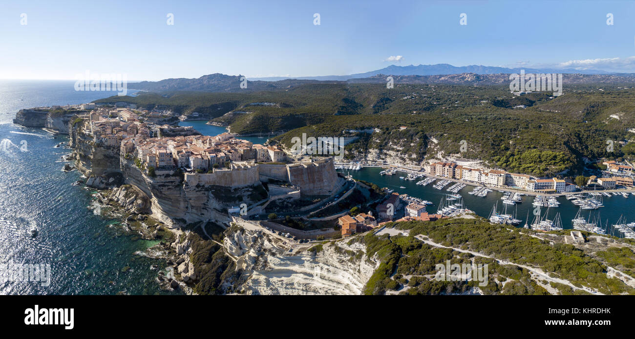 Aerial view of Bonifacio old town built on cliffs of white limestone ...