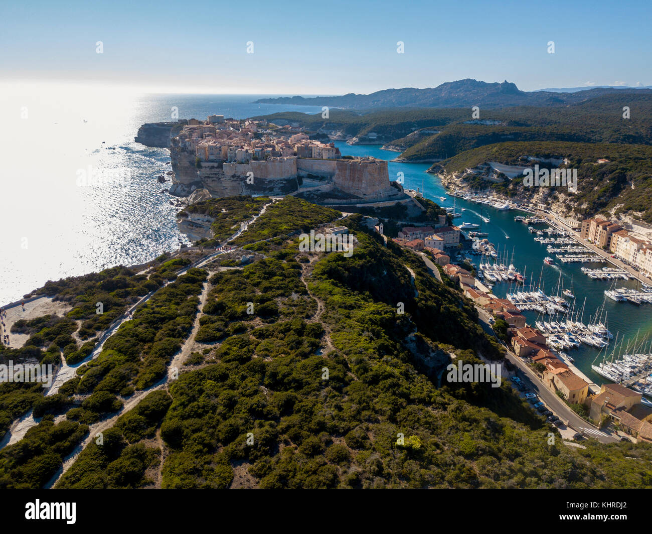 Aerial view of Bonifacio old town built on cliffs of white limestone ...