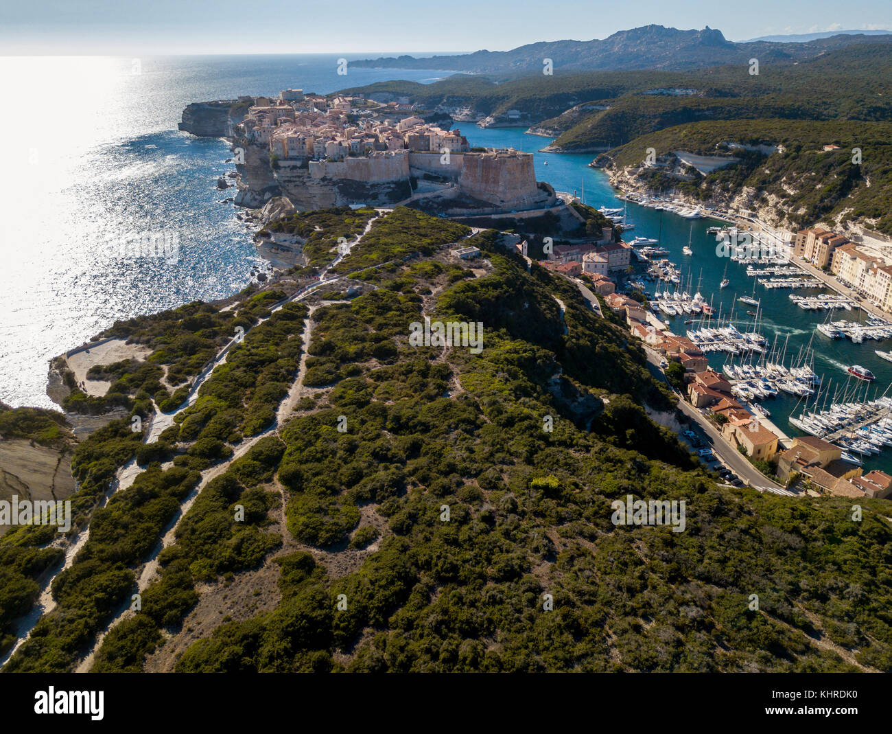 Aerial view of Bonifacio old town built on cliffs of white limestone ...