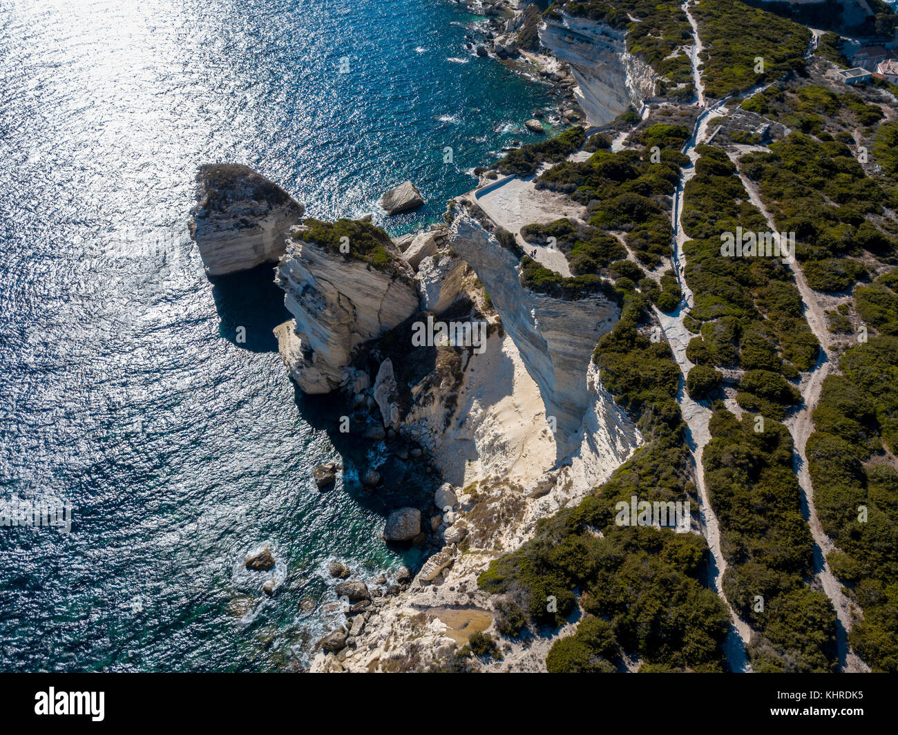 Aerial view on white limestone cliffs, cliffs. Bonifacio. Corsica ...
