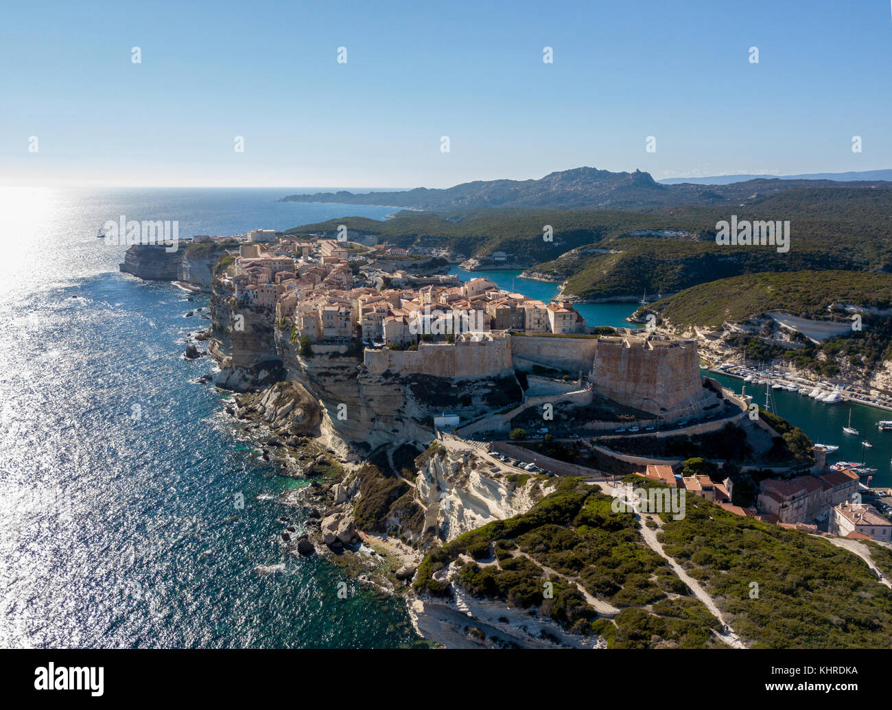 Aerial view of Bonifacio old town built on cliffs of white limestone ...