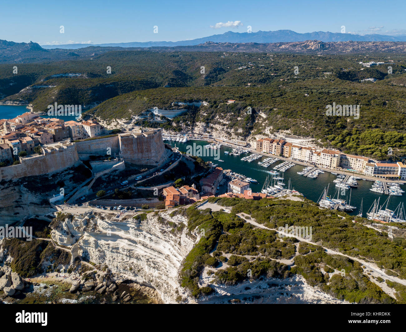 Aerial view of Bonifacio old town built on cliffs of white limestone ...