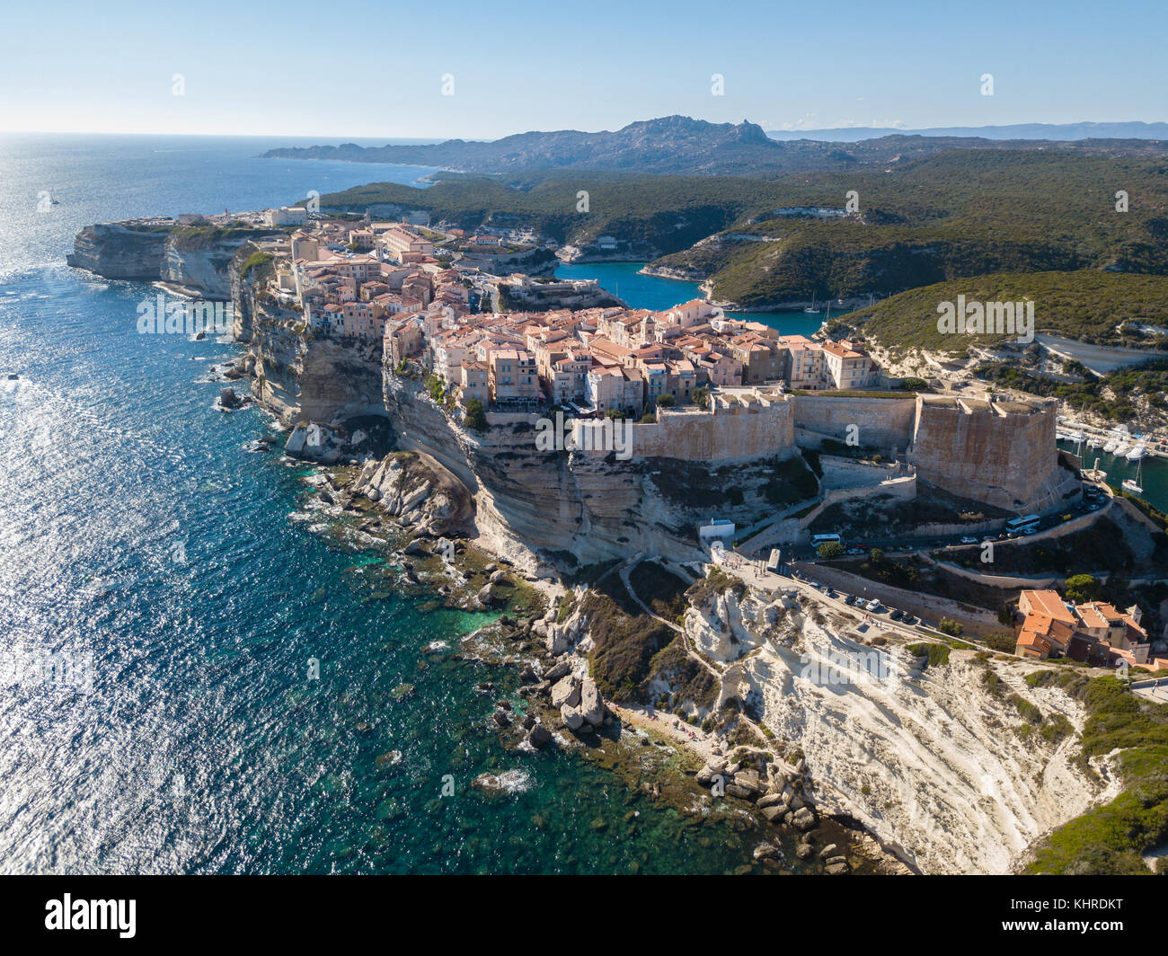Aerial view of Bonifacio old town built on cliffs of white limestone ...
