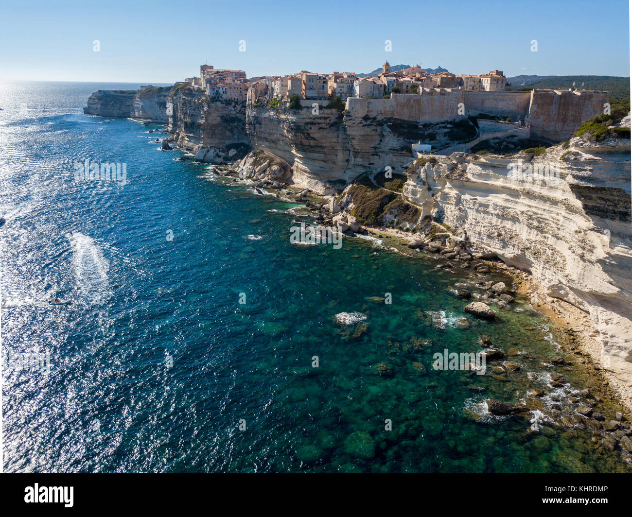 Aerial view of Bonifacio old town built on cliffs of white limestone ...