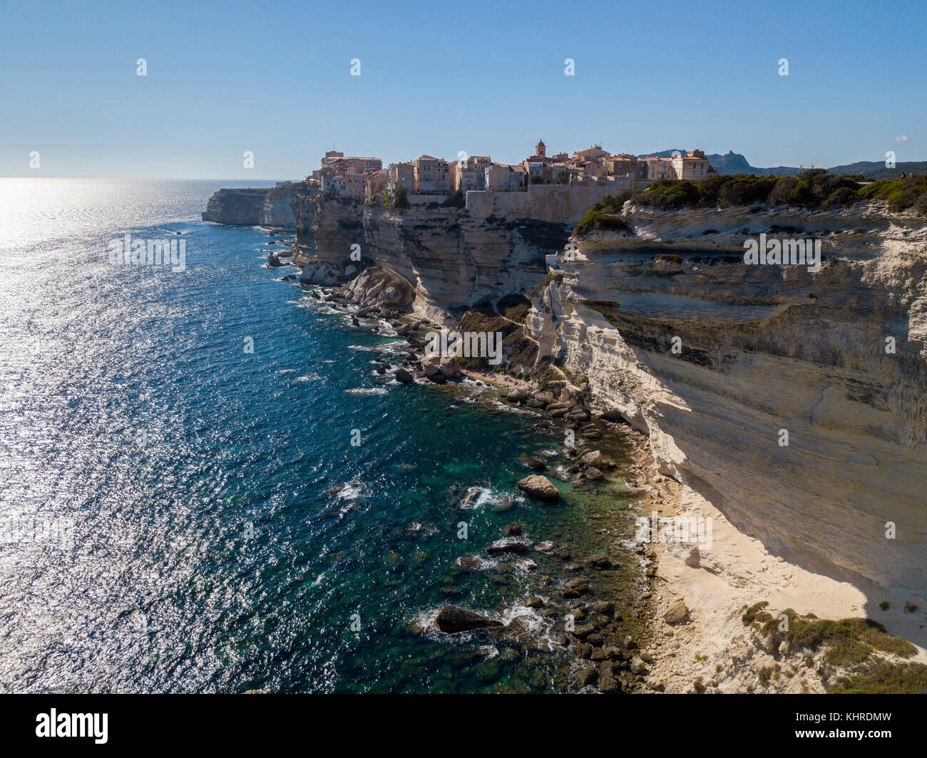 Aerial view of Bonifacio old town built on cliffs of white limestone ...