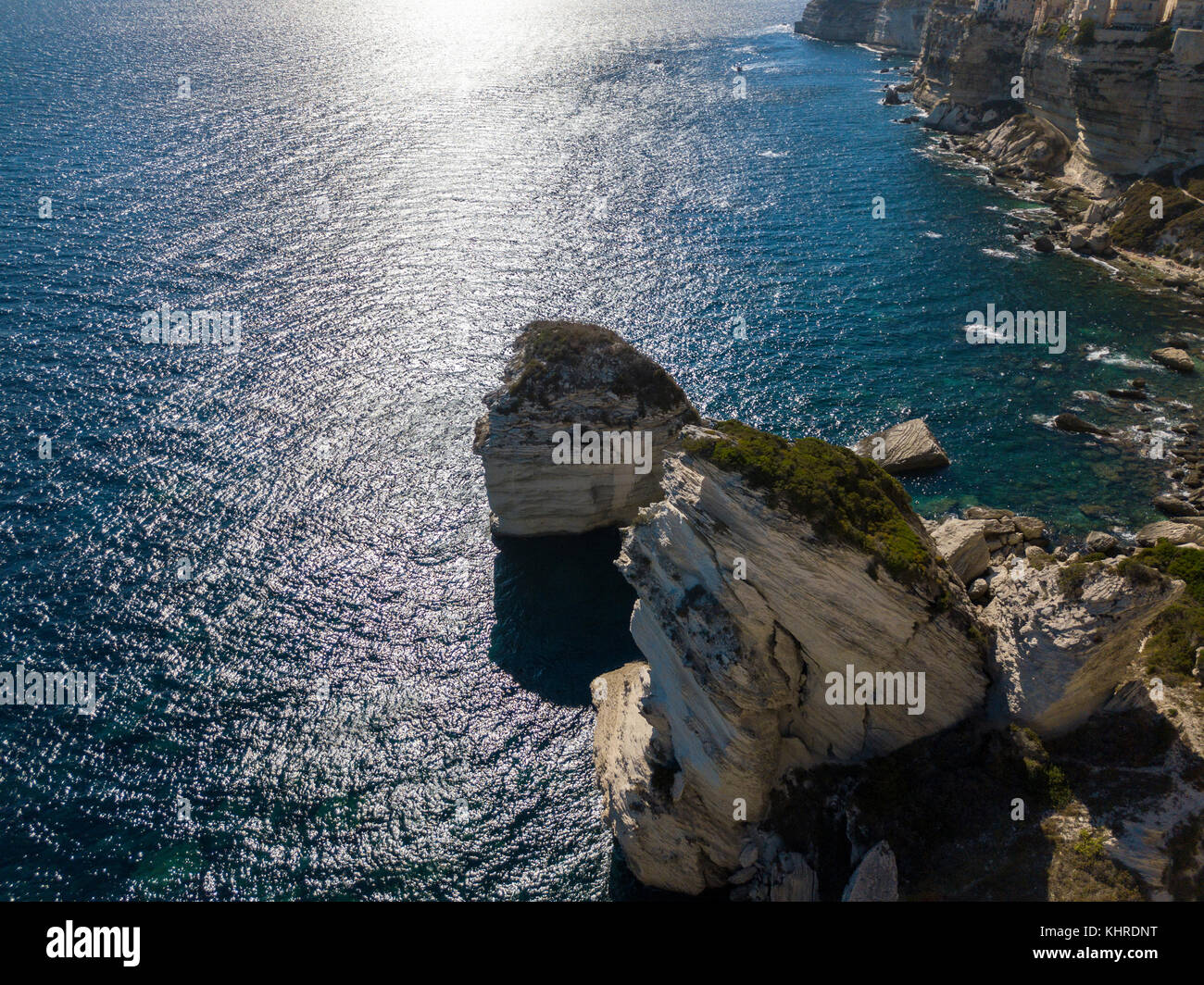 Aerial view on white limestone cliffs, cliffs. Bonifacio. Corsica ...