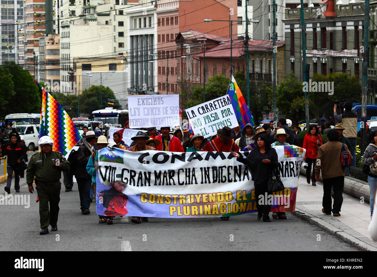 Members of the CONAMAQ highland indigenous peoples union protest ...