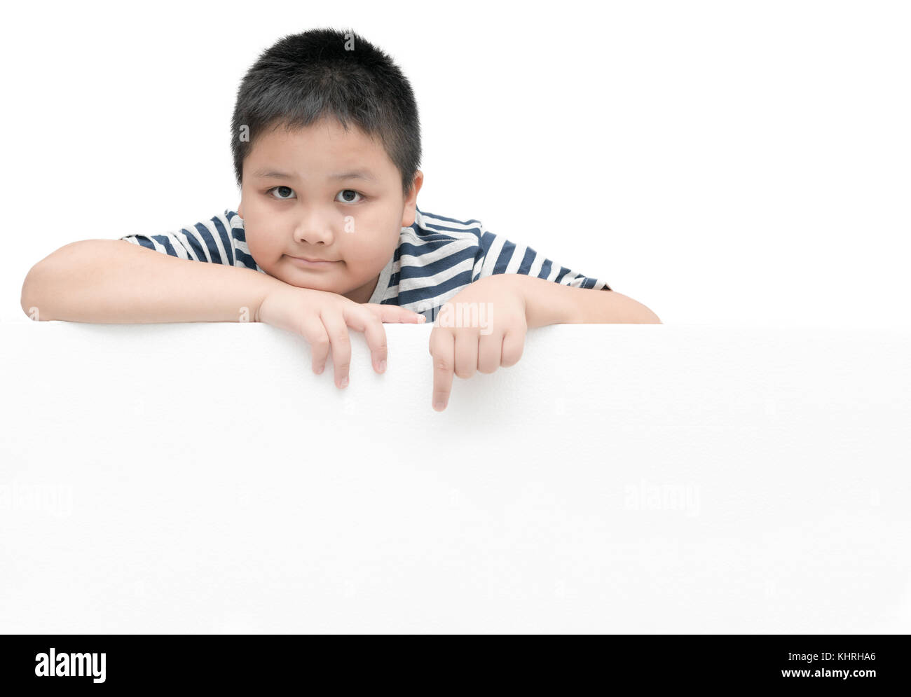 obese fat boy pointing on white banner board isolated on white ...