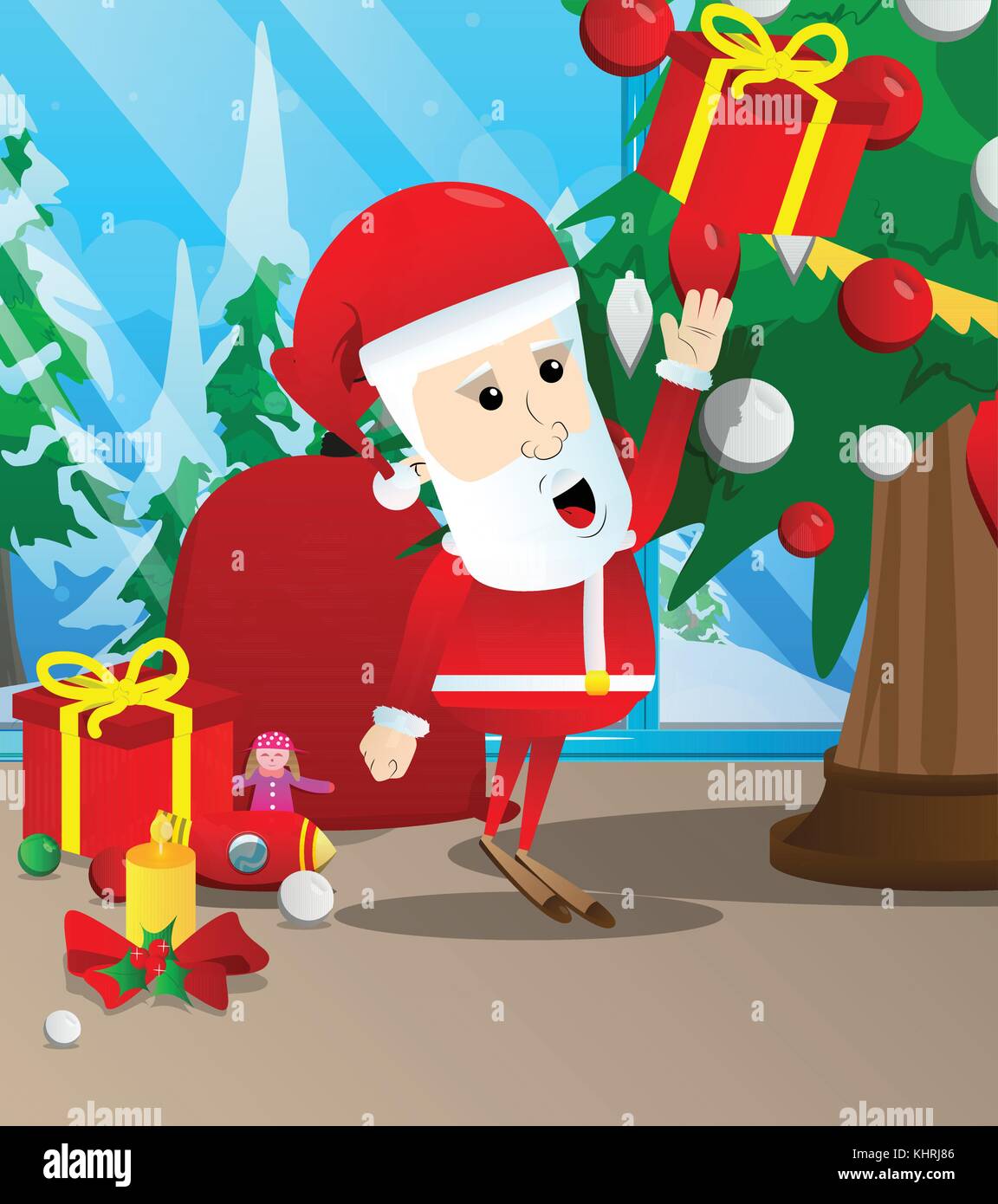 Santa Claus reach out for a gift box on a Christmas tree. Vector ...