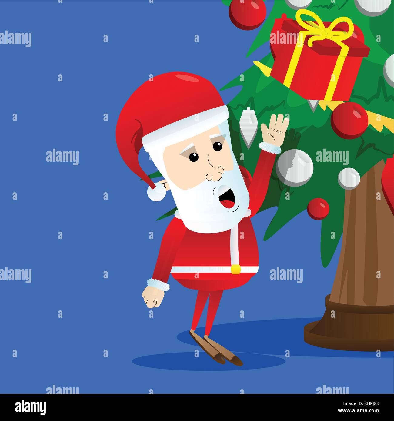Santa Claus reach out for a gift box on a Christmas tree. Vector ...