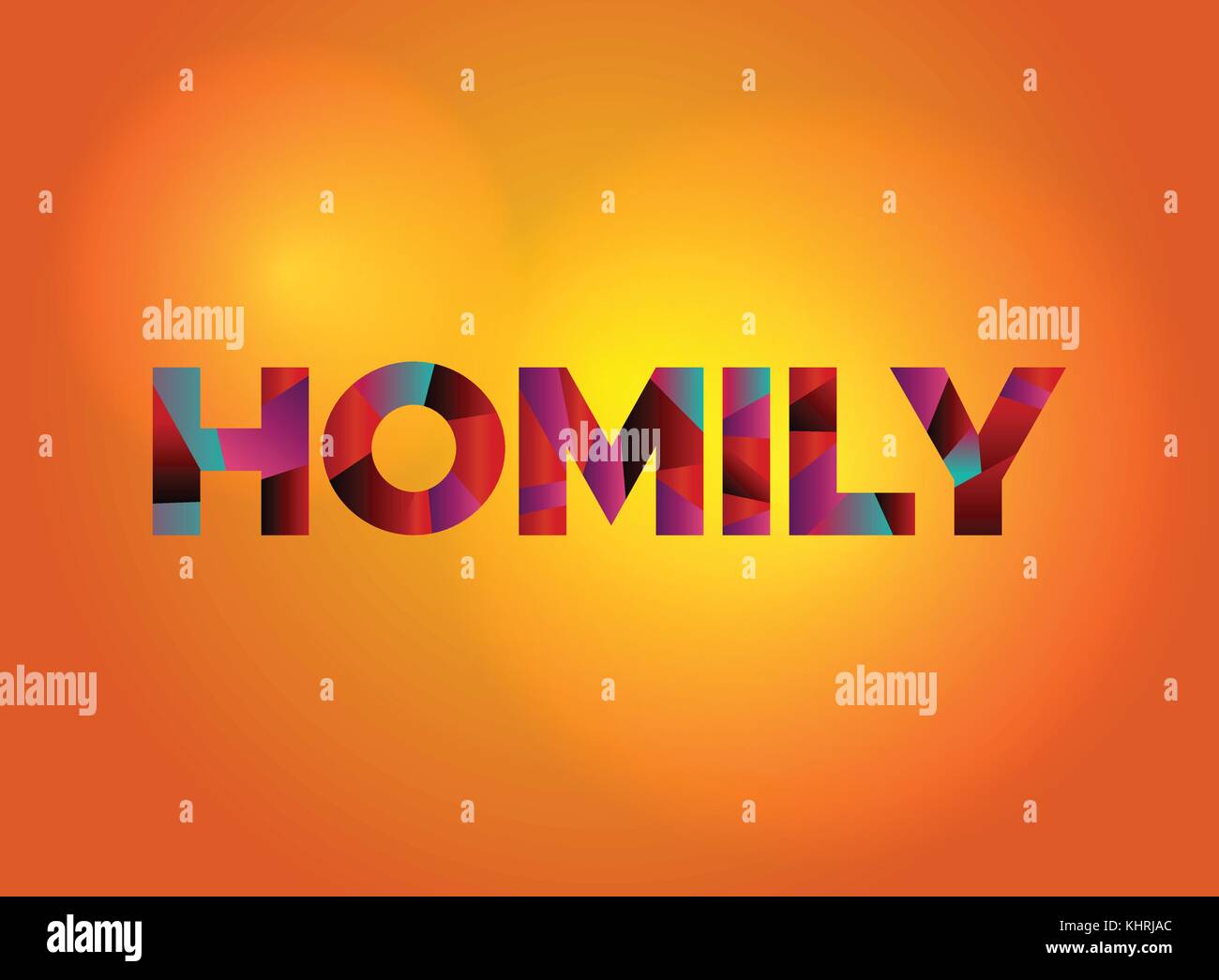 The word HOMILY written in colorful fragmented word art on a vibrant ...