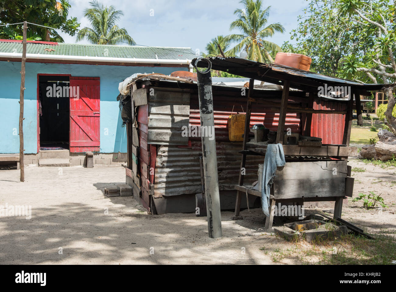 DRAVUNI ISLAND, FIJI, PACIFIC ISLANDS: NOVEMBER 29,2016: Metal shack ...