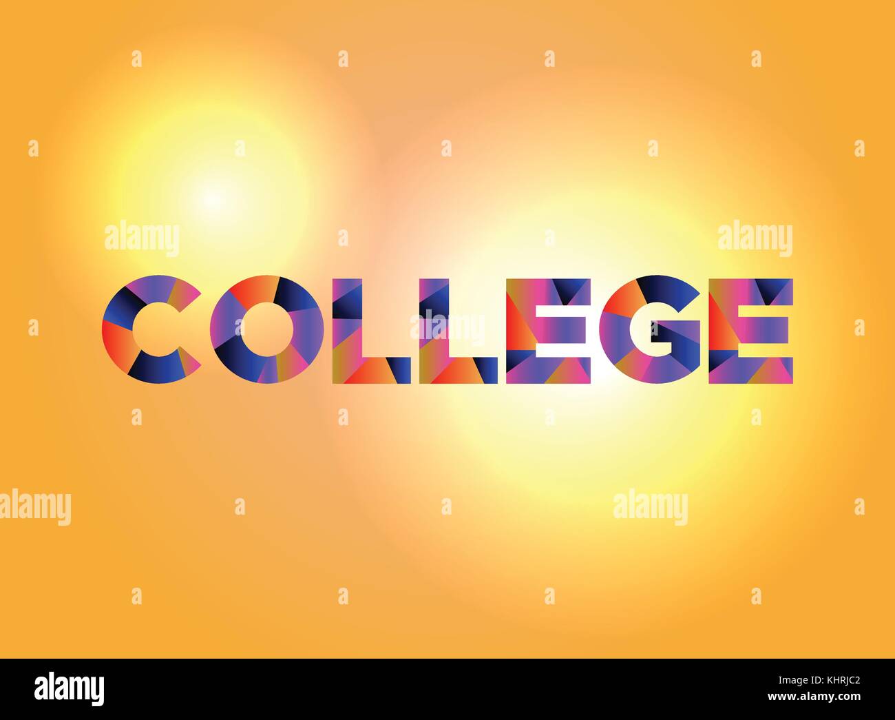 The word COLLEGE written in colorful fragmented word art on a vibrant ...