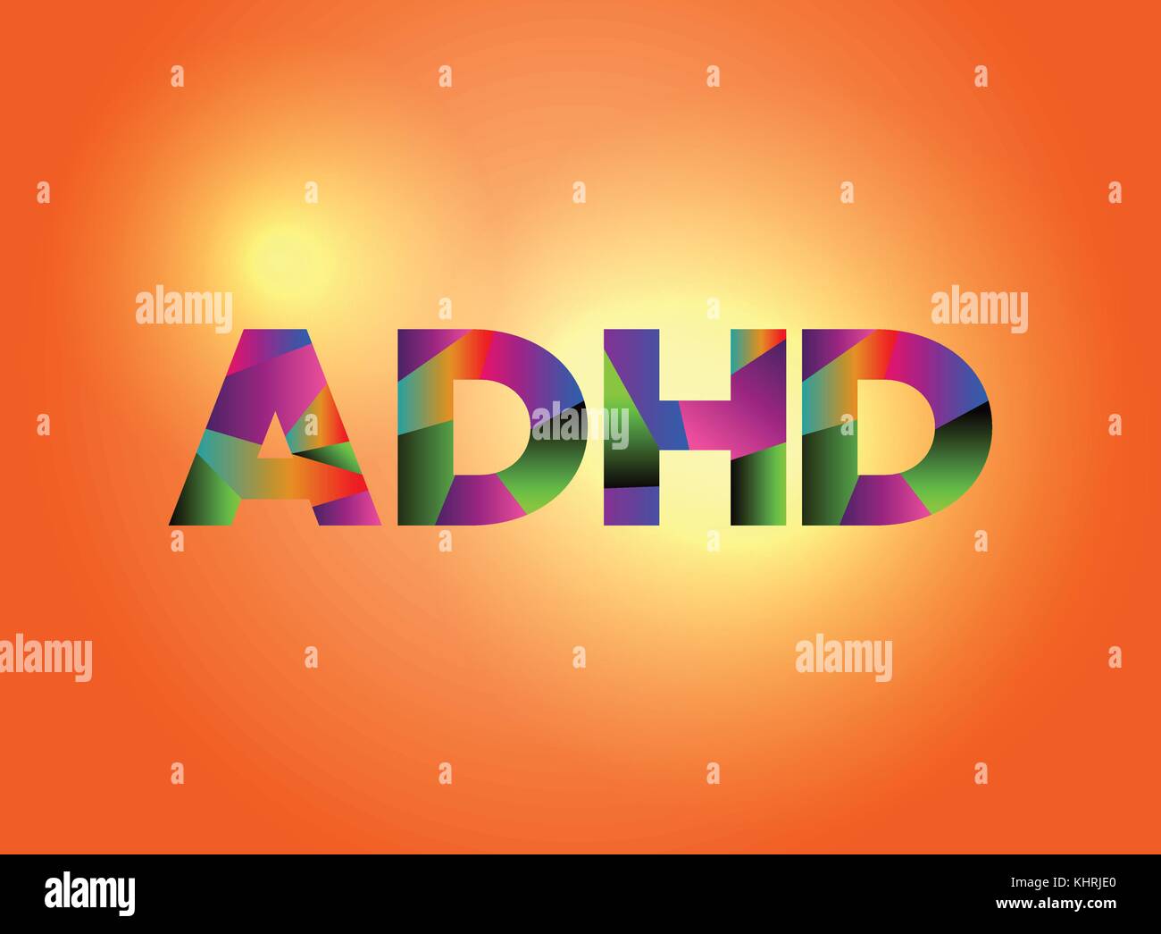 The word ADHD written in colorful fragmented word art on a vibrant ...