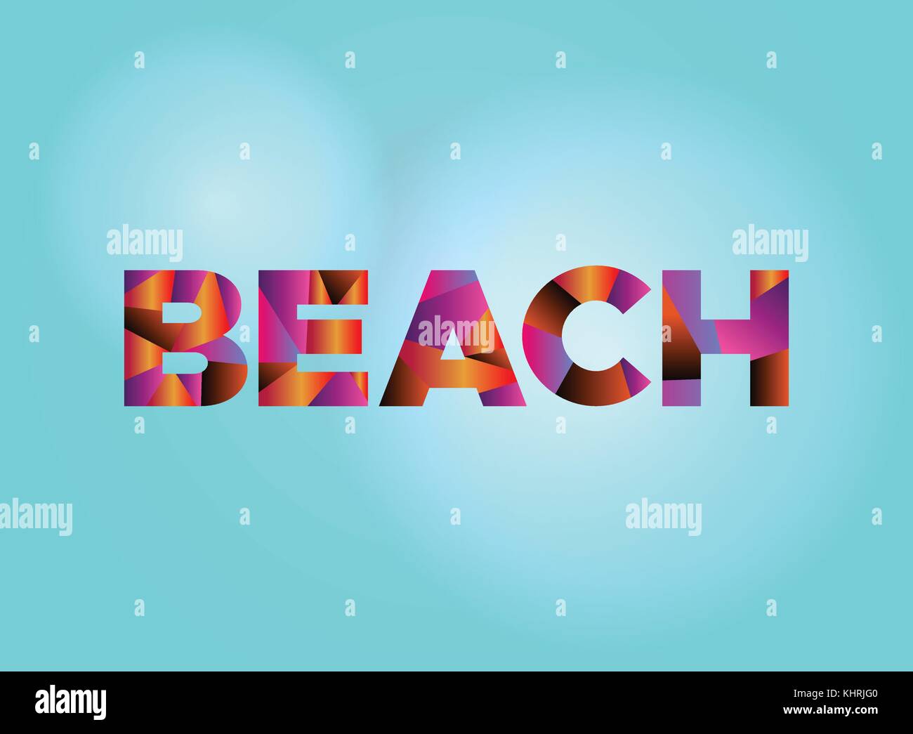 The word BEACH written in colorful fragmented word art on a vibrant ...