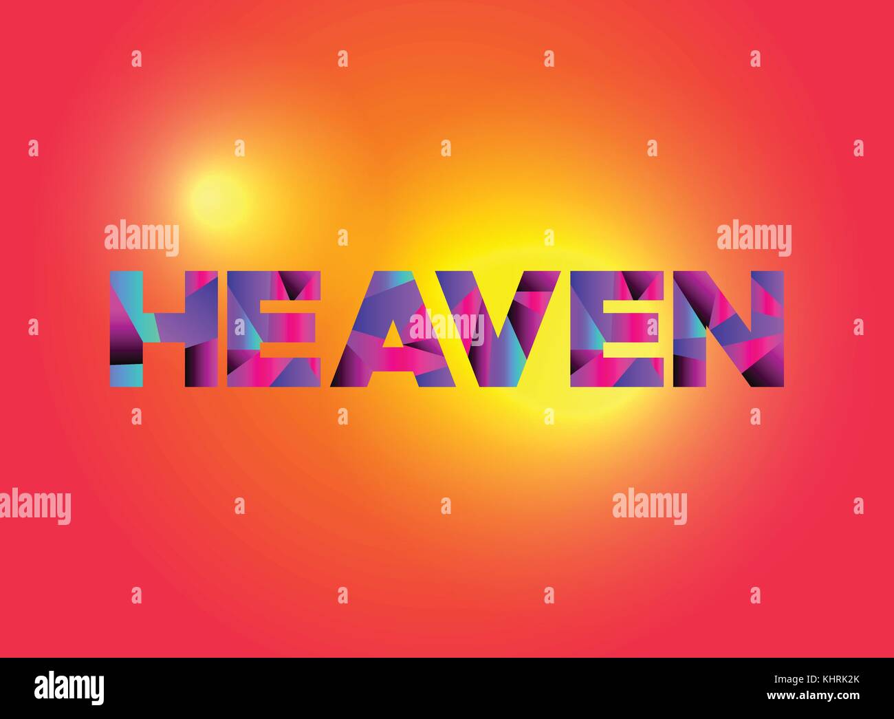 The word HEAVEN written in colorful fragmented word art on a vibrant ...