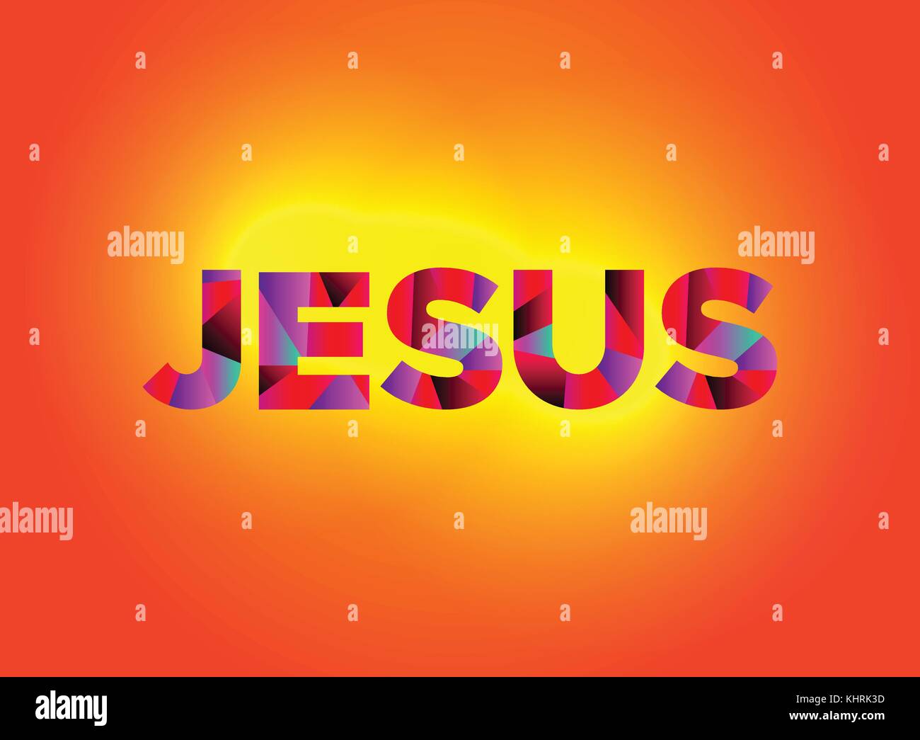 The name Jesus written in colorful fragmented word art on a vibrant ...