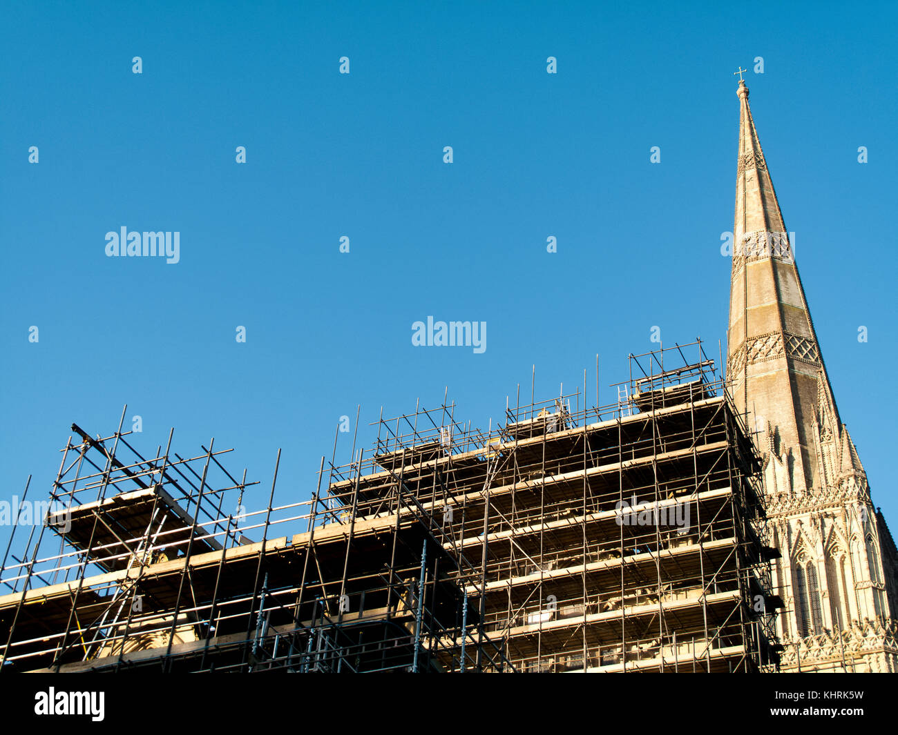 Scaffolding to restoration work to Salisbury Anglican medieval gothic ...