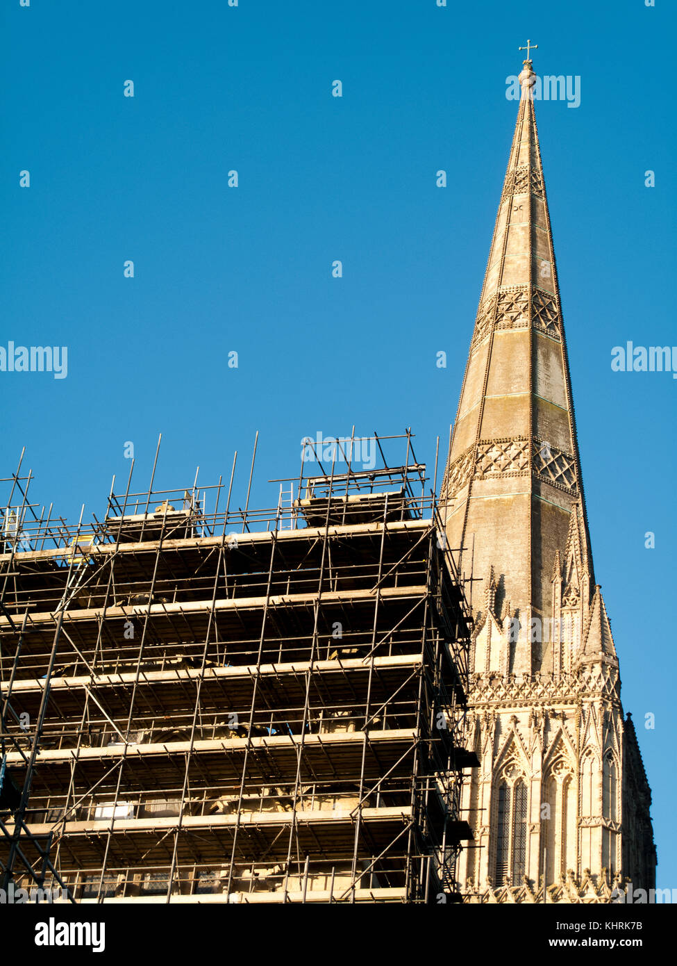 Scaffolding to restoration work to Salisbury Anglican medieval gothic ...