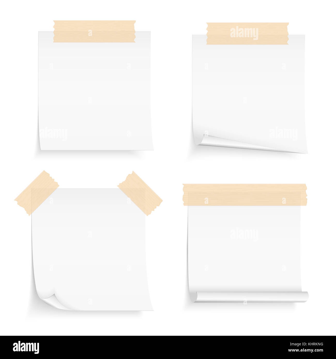 Paper notes with tape, four blank paper sheets attached by tape, vector ...