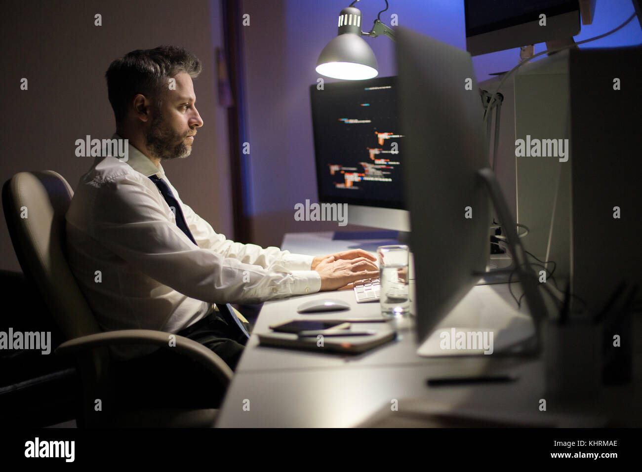 Tired middle-aged financial manager wearing white shirt and tie ...