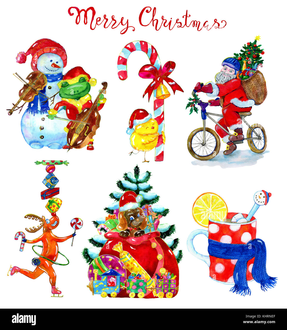 Design set with snowman, Santa, deer Rudolph, puppy in Santa presents ...