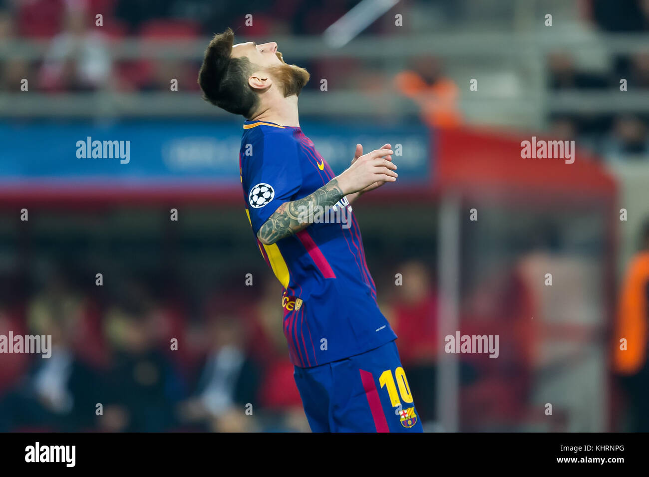Piraeus, Greece - October 31, 2017: Player of Barcelona Lionel Messi ...