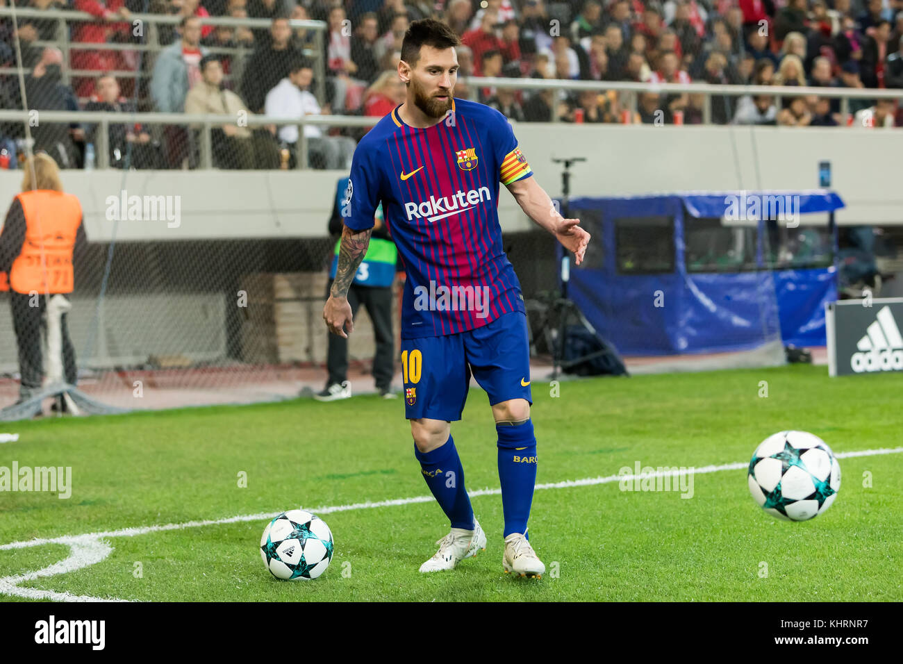 Piraeus, Greece - October 31, 2017: Player of Barcelona Lionel Messi ...